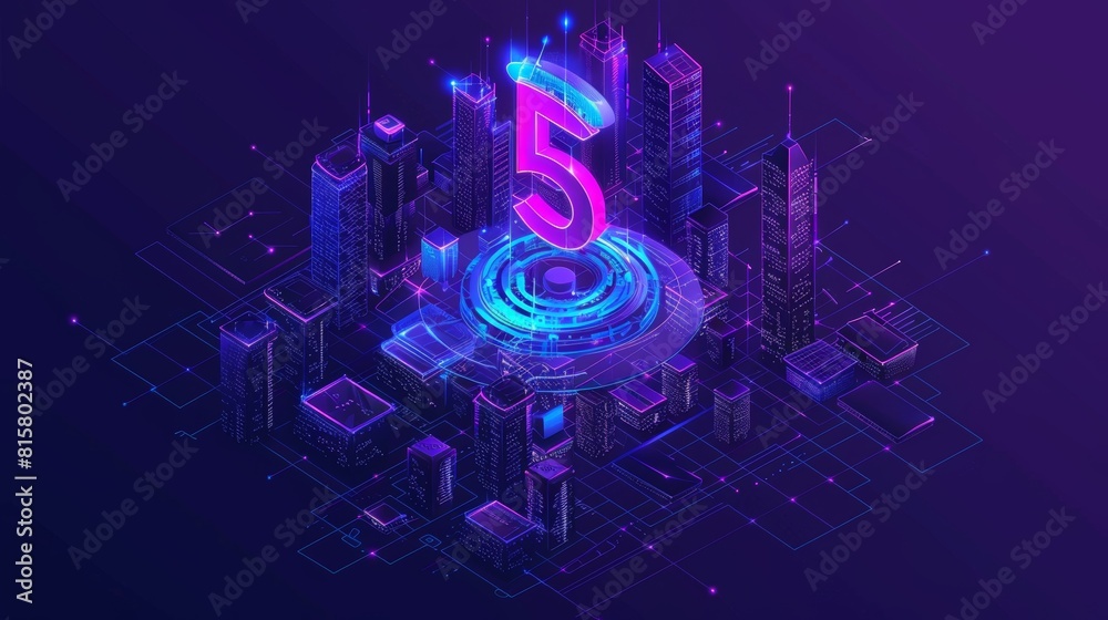 Smart city, buildings with 5G symbol wireless internet and mobile phone ...