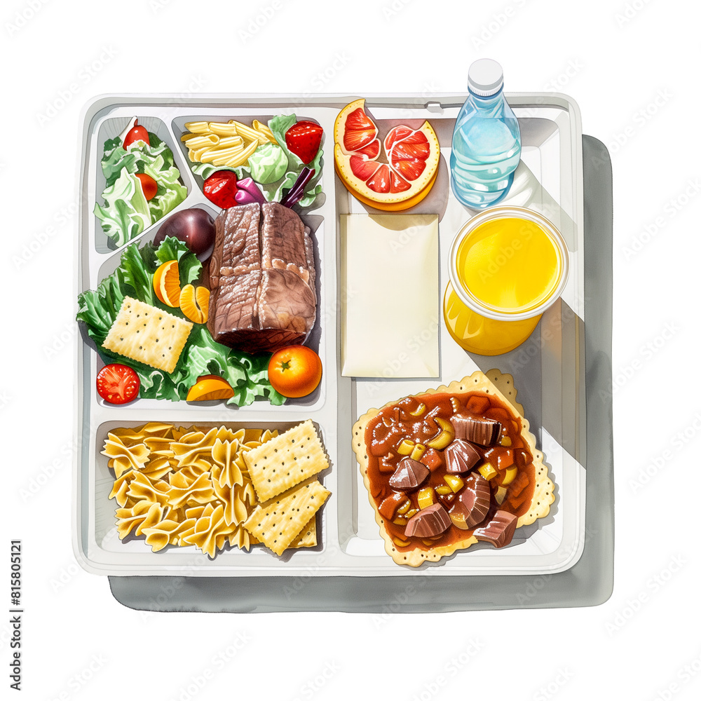 Watercolor illustration of a typical meat in-flight meal for an ...