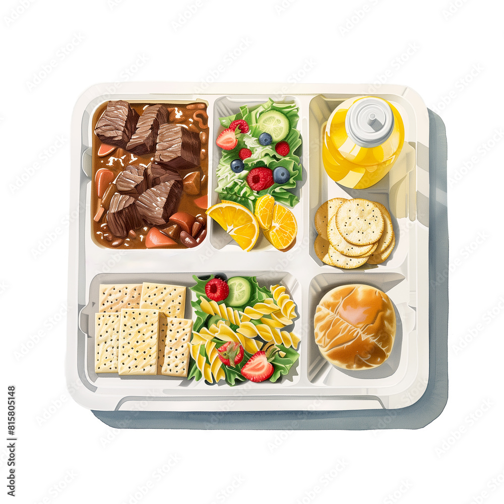 Watercolor illustration of a typical meat in-flight meal for an ...