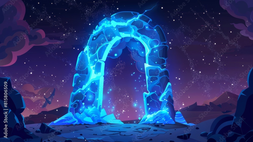 Modern cartoon fantasy illustration of magic portal in stone frame on ...