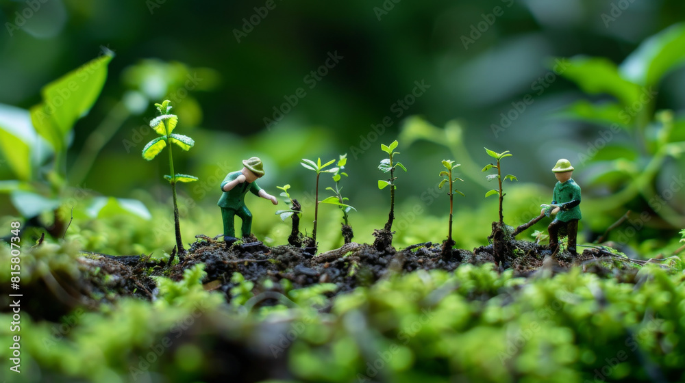 Tiny people tending to young saplings on a mossy forest floor ...