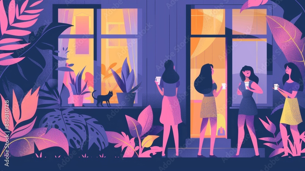 The facade of a house with people in windows, a cat and plants ...