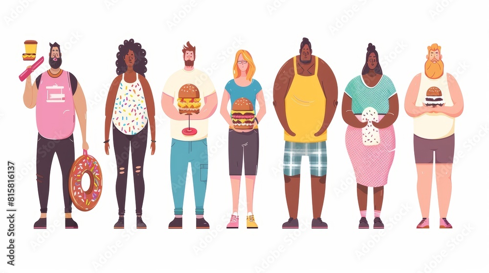 A body positive fat person and unhealthy food isolated on a white ...