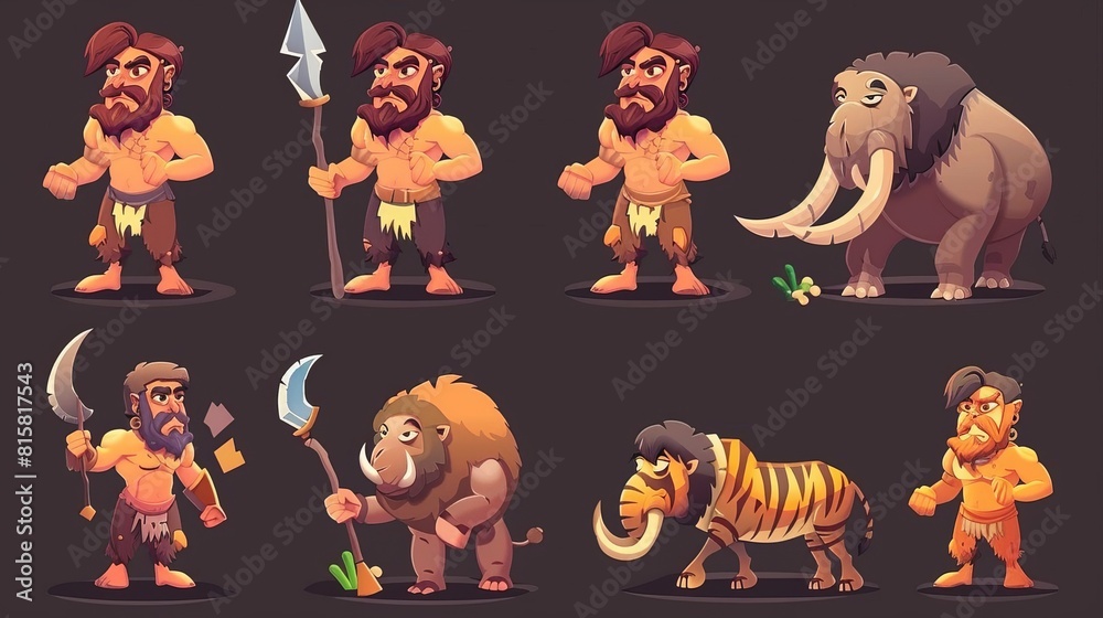 The caveman, a prehistoric primitive person in stone age cartoon icons ...