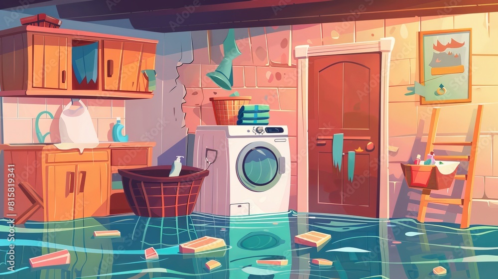 Flooded laundry room. Basement floor of house wet by accident. Cartoon ...