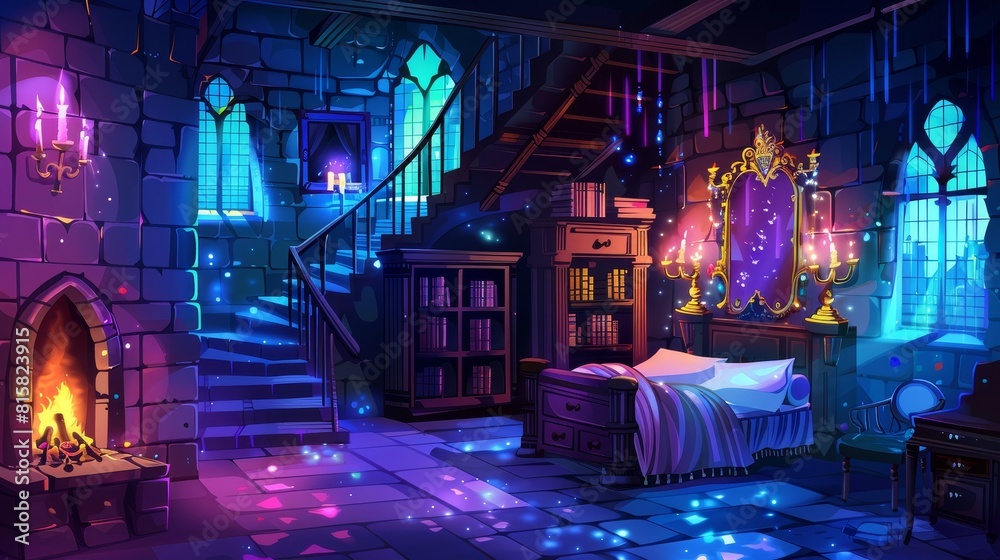 Modern illustration of castle bedroom at night with antique bed, mirror ...