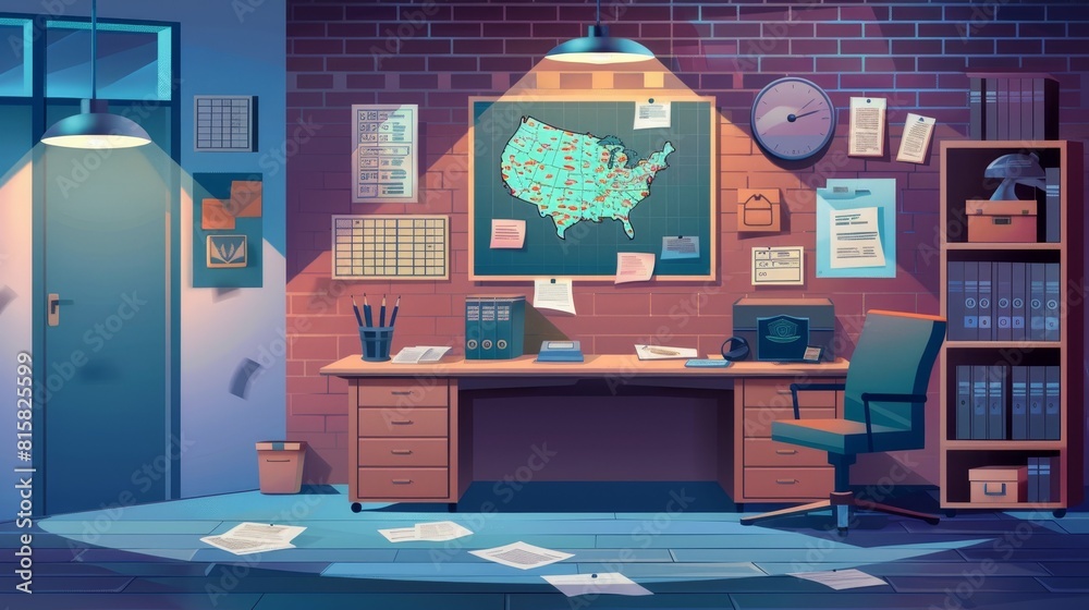 Various interior furniture and equipment for an investigation room ...