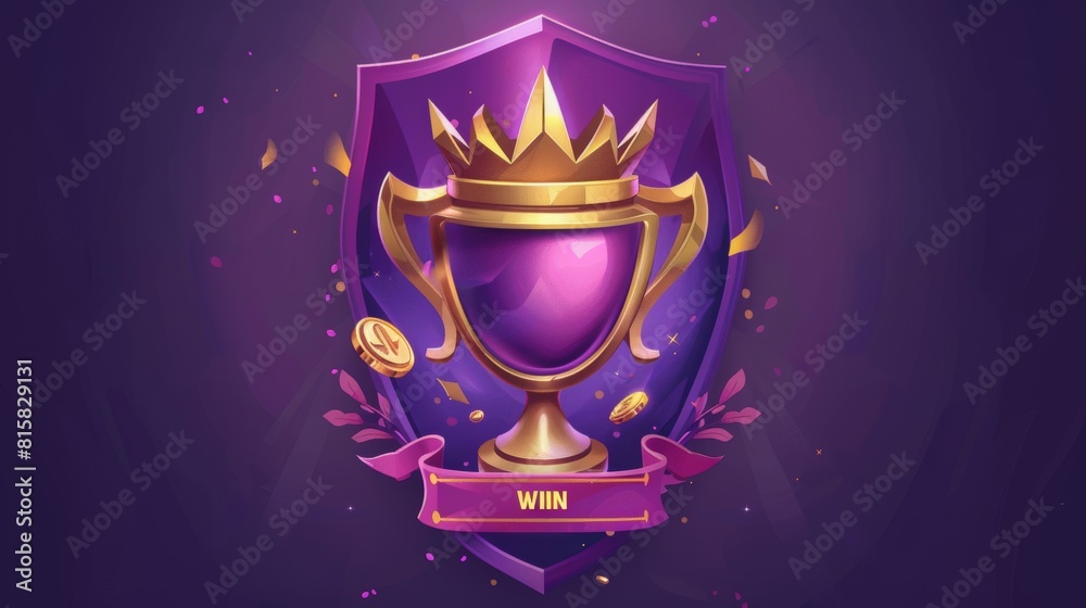 A win button banner design for UI games or levels. Trophy winner badge design. Tournament or ...