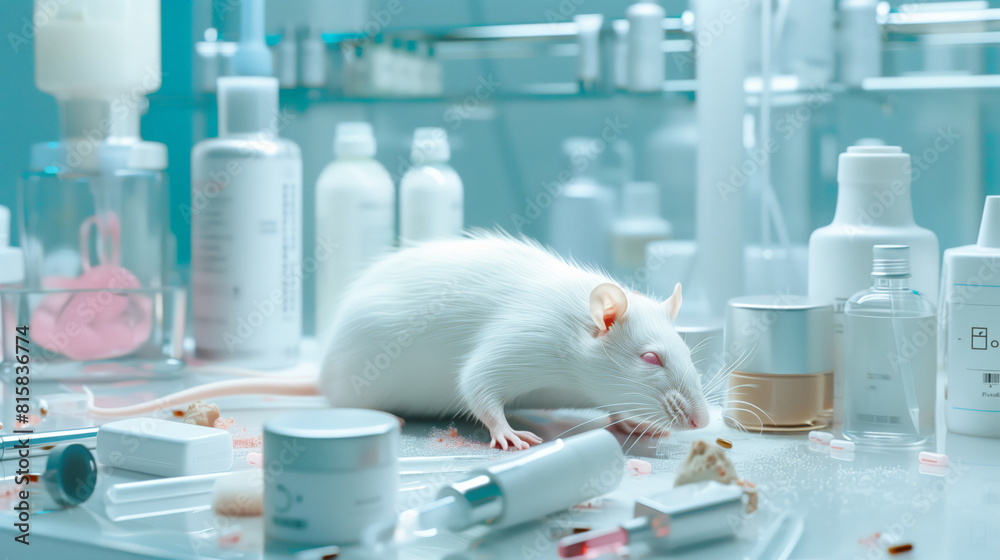 Cosmetic tests on animals. An albino white rat sits on a table lined ...