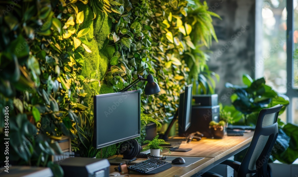 inside of office lot computer and desk team with vertical garden on the ...