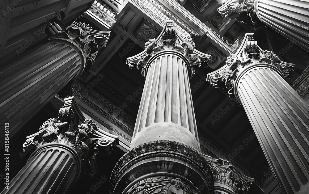 Black and white image of towering fluted columns with intricate ...