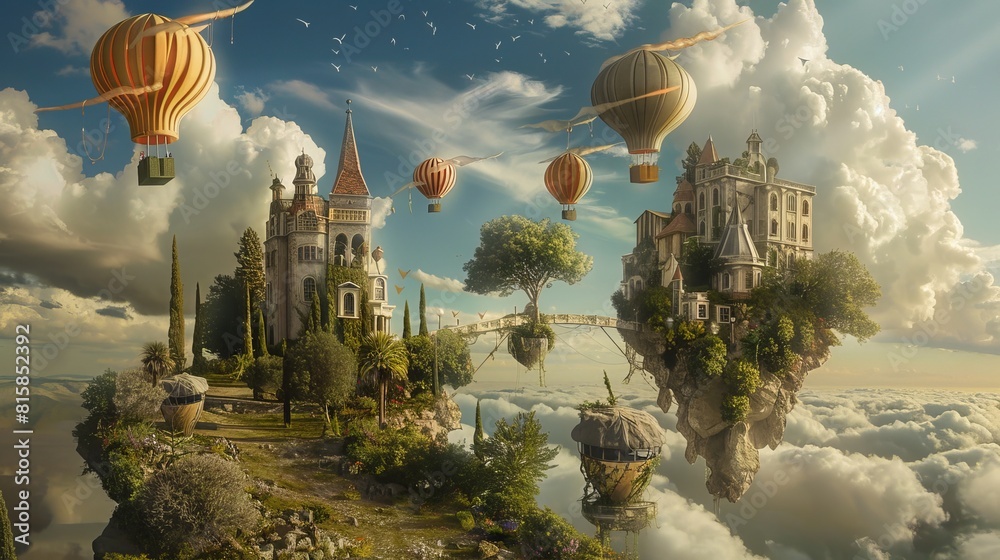 Flying Castles And Airships In The Sky - Fantasy Illustration Stock ...