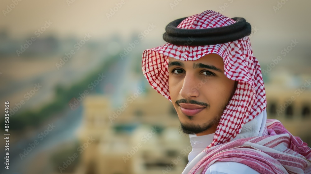 a Saudi man in traditional attire facing right, engaging with the ...