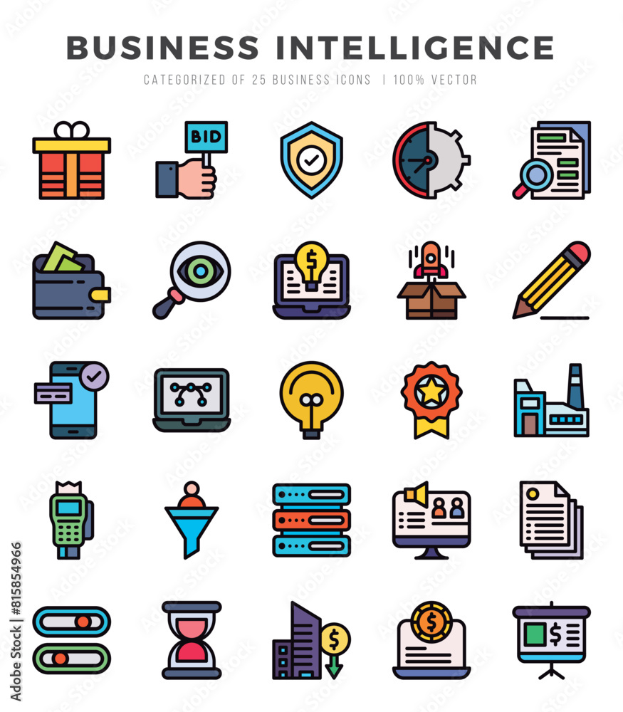 Set of Business Intelligence Icons. Simple Lineal Color art style icons ...