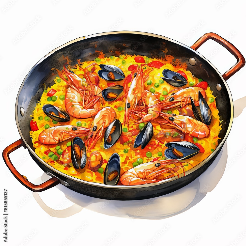 Exquisite watercolor illustration of seafood paella, featuring vibrant ...