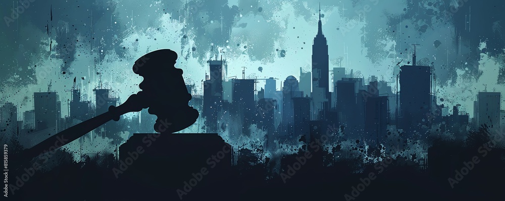 A powerful and imposing design of a judges gavel overshadowing a faint ...