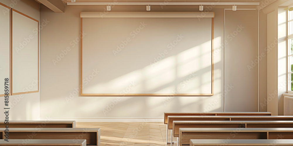 A blank whiteboard with copy space in a sunlit empty classtoom. Perfect ...