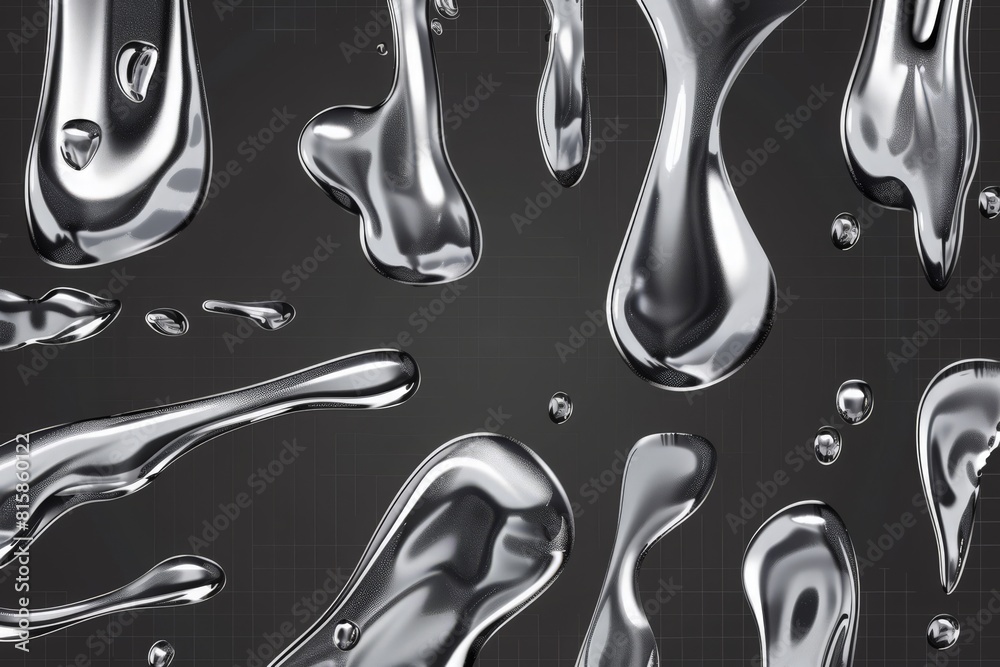 Realistic metal drops. 3D chrome paint splash. Mercury drip and liquid ...
