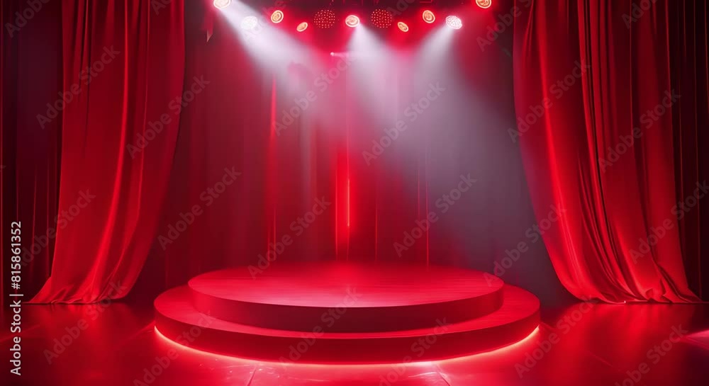 3D stage podium with red light spotlight and curtain for theater show ...