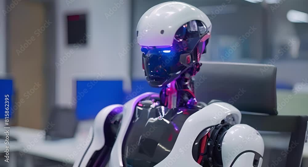 Futuristic robot replacing humans in job interview at modern office. Concept Futuristic ...