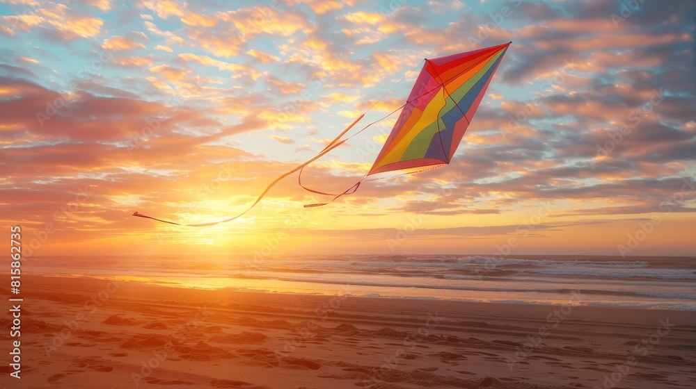 Craft a scene of a rainbow kite flying high during a beach sunset ...