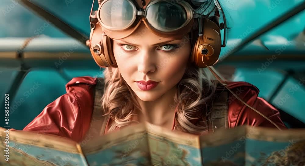1920s aviator with map vintage plane in background capturing historical ...