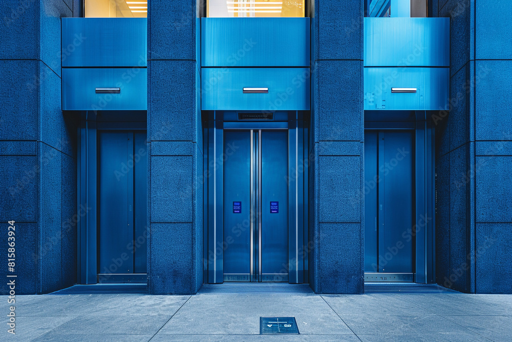 Cerulean blue elevator doors with streamlined design in a high ...