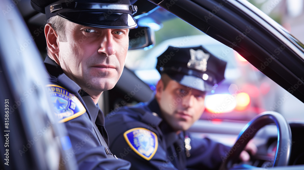 Two police officers wearing uniforms sit in a marked patrol car, one ...