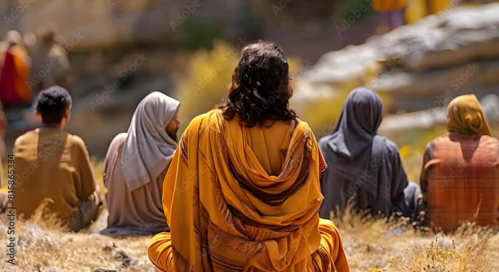 Jesus teaching disciples or people in a biblical setting from the back ...