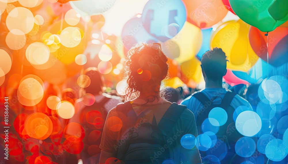 Pride march copy space, focus on diverse participants, colorful parade ...