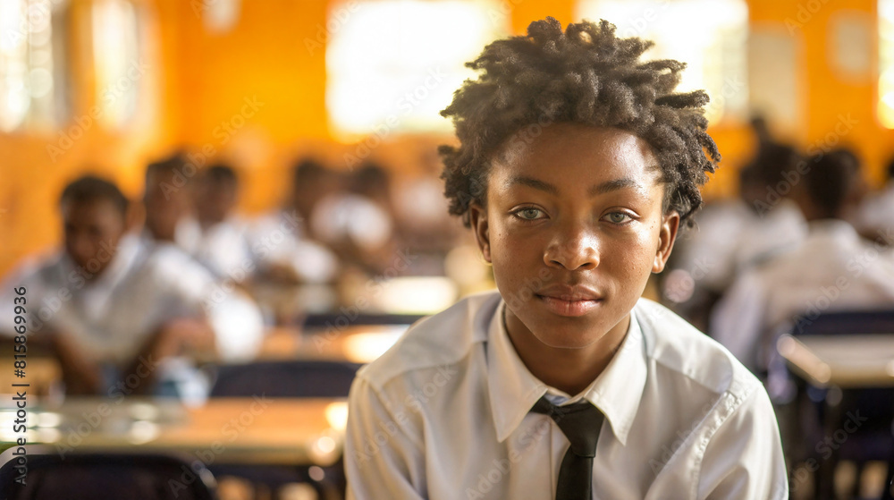 A student is in a classroom, learning at school or university. A black ...