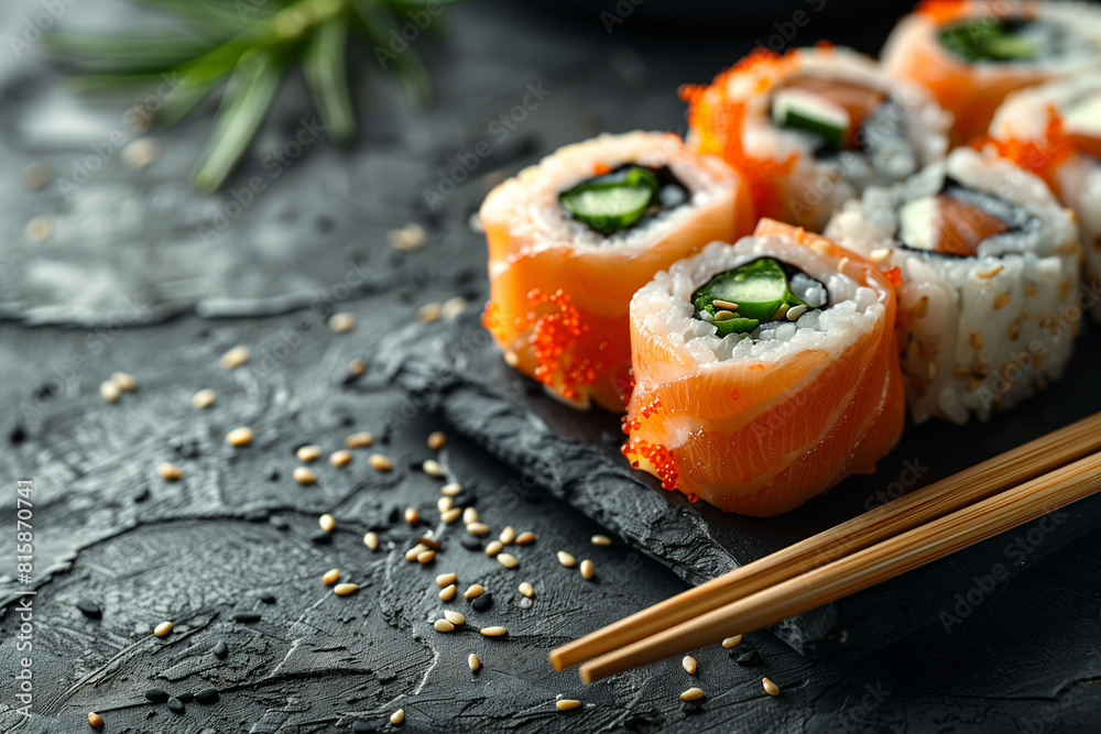 Sushi rolls view from the top on the black stone background. Stock ...
