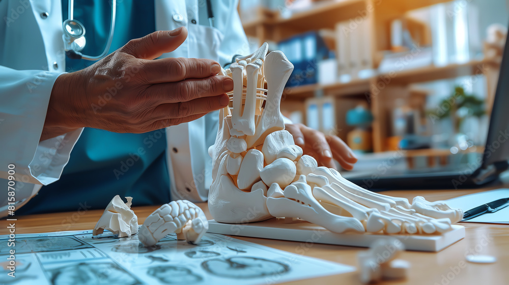 A podiatrist examines a 3D printed model of a human foot. Stock Photo ...