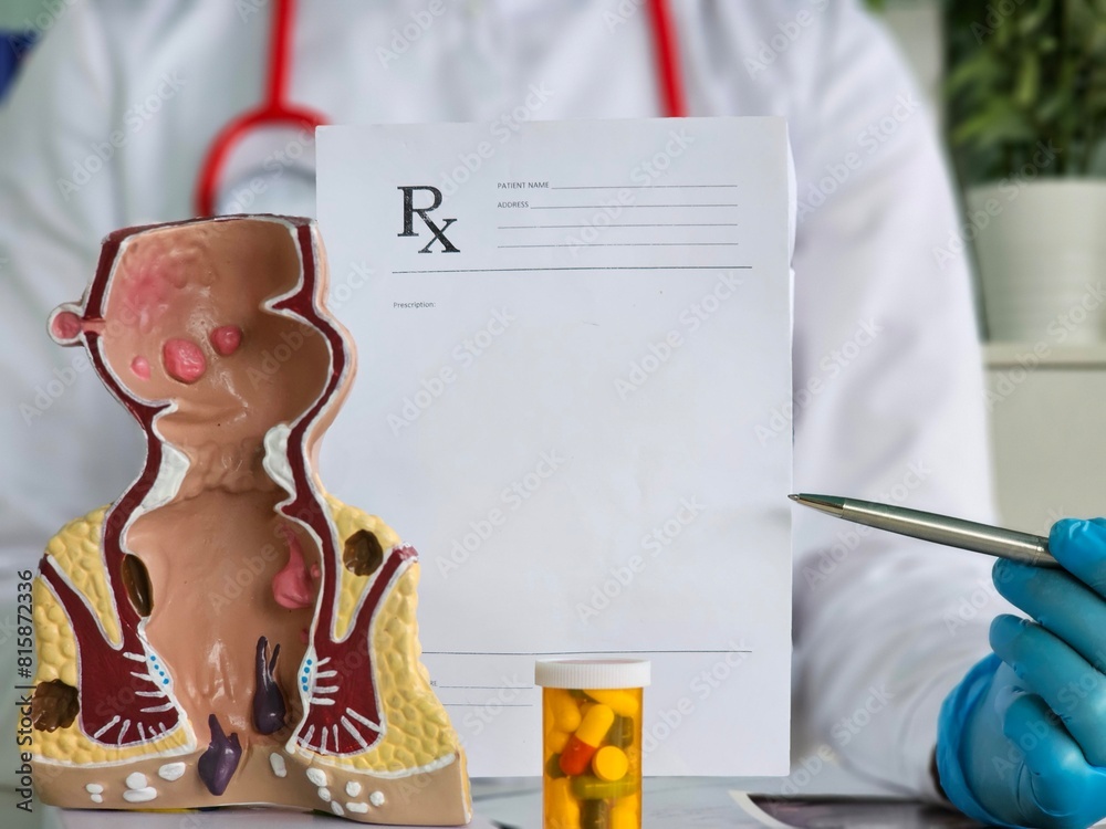 Doctor model of the rectum with inflamed vascular structures and pills ...