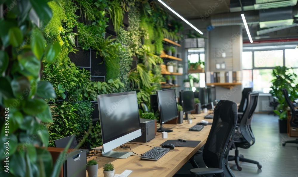 inside of office lot computer and desk team with vertical garden on the ...