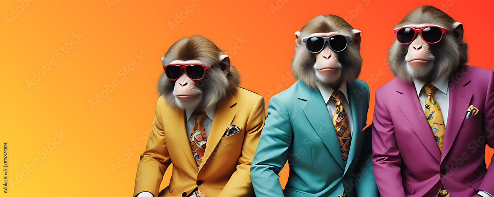 Creative animal concept. Group of ape in funky Wacky wild mismatch ...