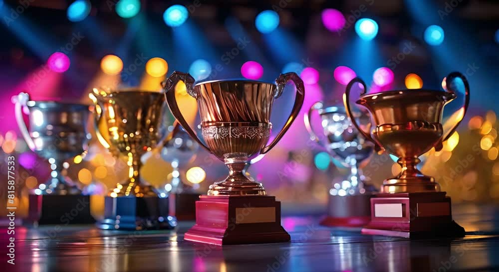 Podium with gold silver and bronze trophies on stage for winners ...