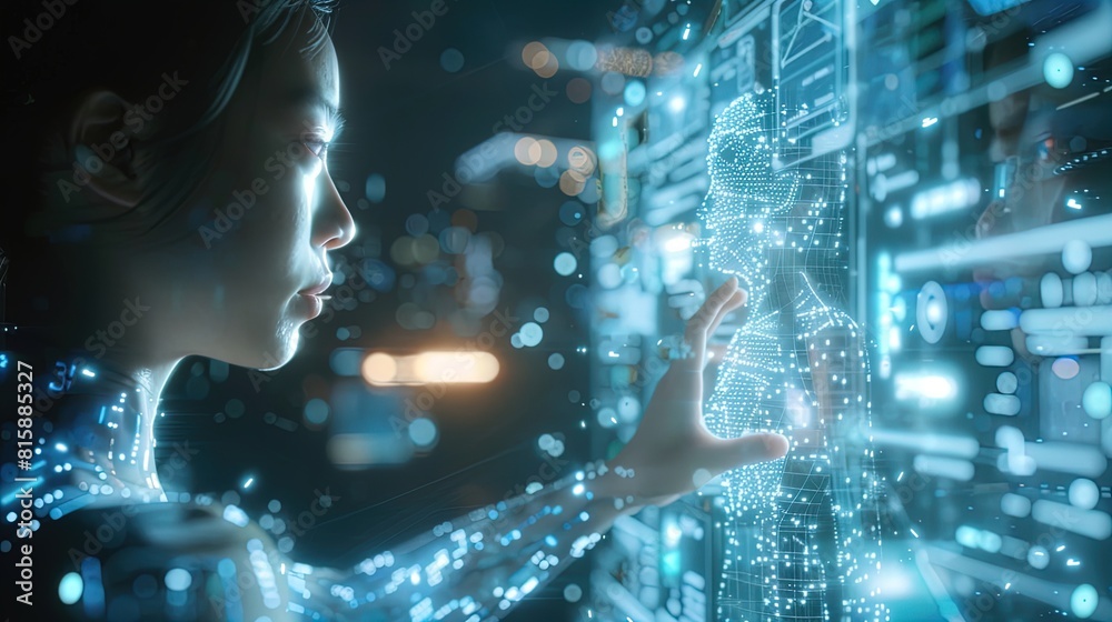 Female silhouette with futuristic digital face mapping. Close-up studio ...