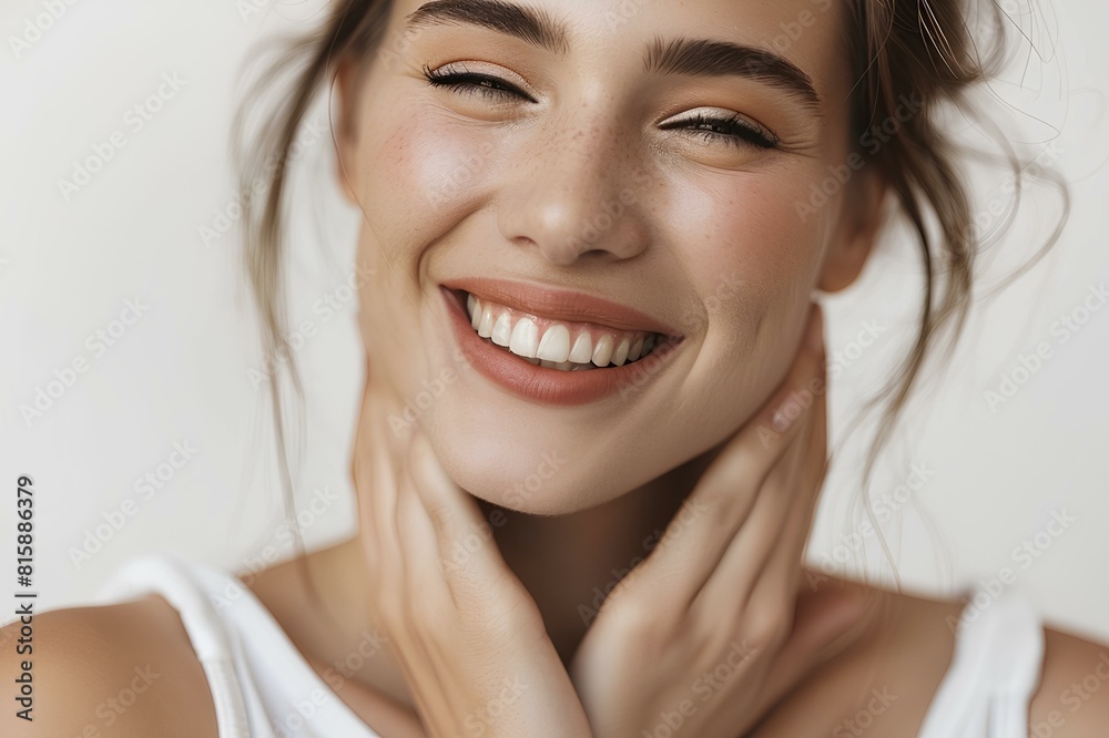Up-close of a beaming woman, her eyes sparkling with happiness, as she ...