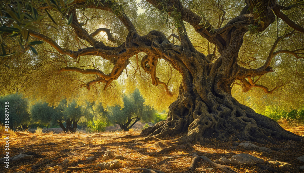 A high-resolution photograph featuring an ancient olive tree, its ...