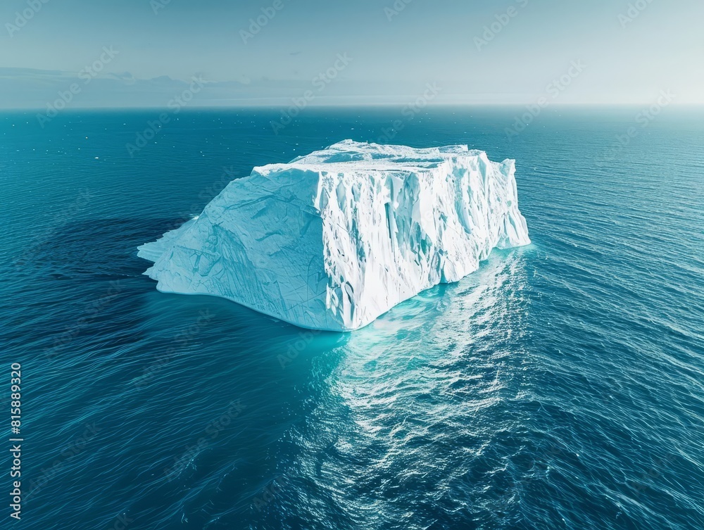A large tabular iceberg floating in the ocean. The iceberg is white and ...