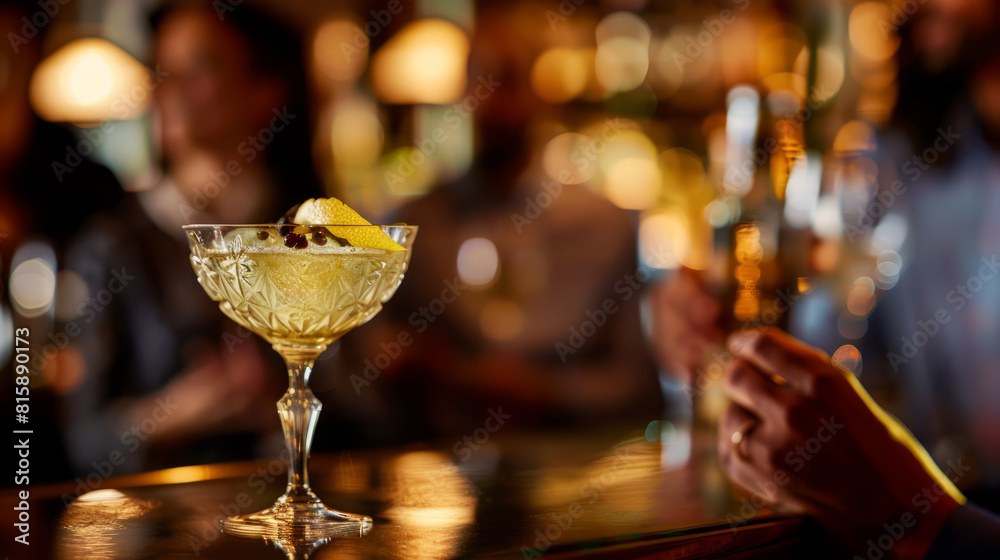 Person drinking a classic cocktail gin and tonic at a bar. Gin on the ...
