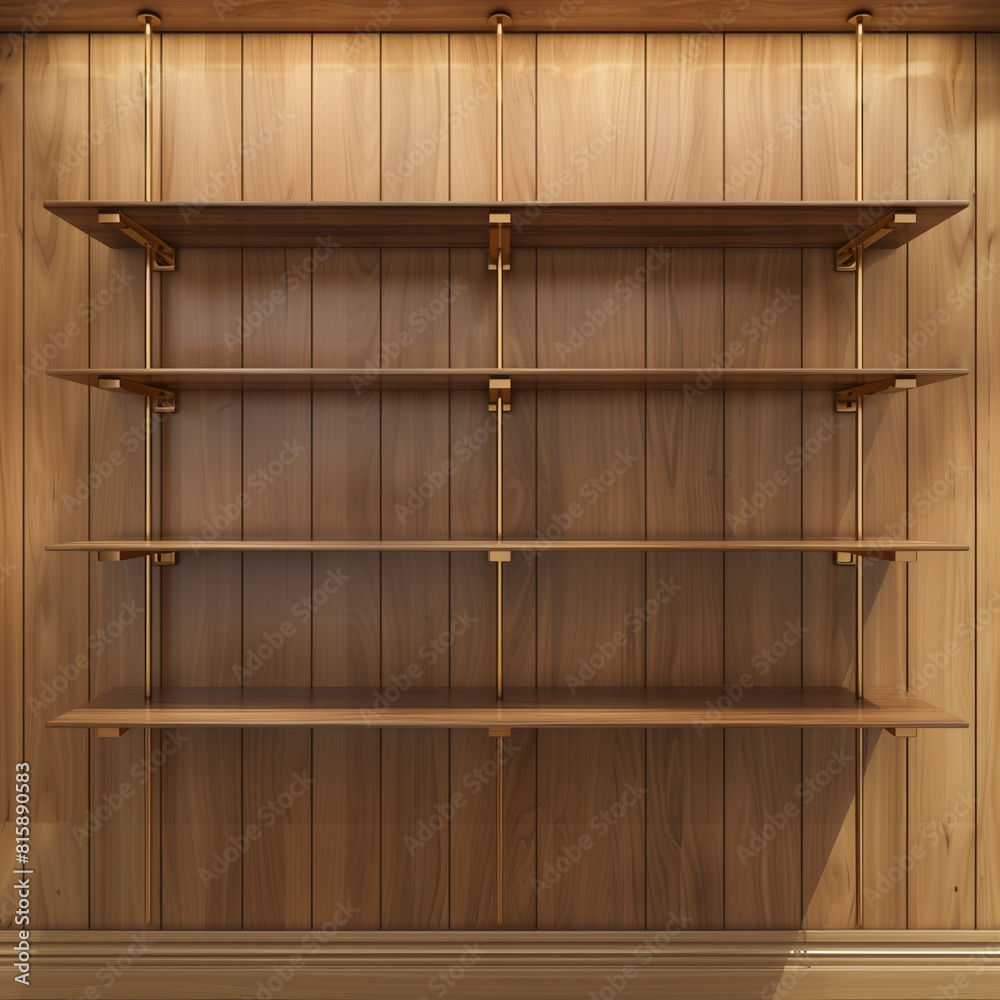 Empty mid century modern shelving mounted to retro wood paneling on a ...