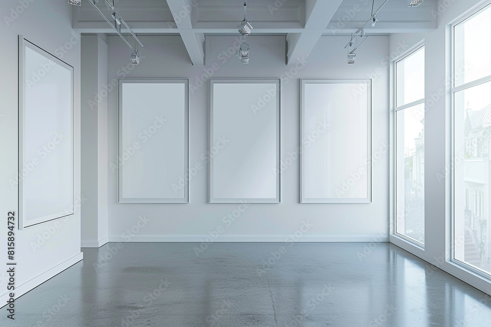 Minimalist art space displaying three large white frames, layered for a ...