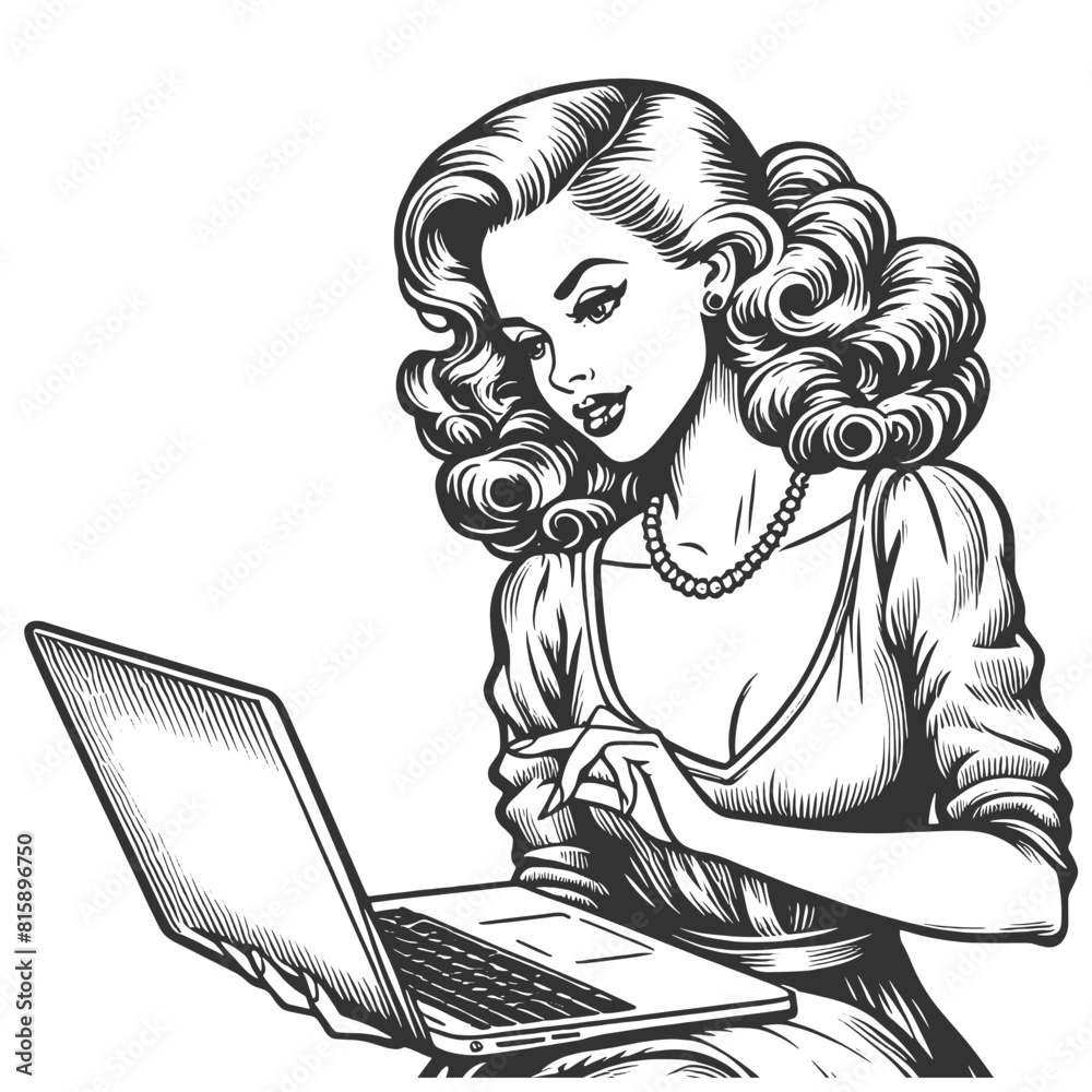 Woman Focused On Her Laptop Combining Classic Beauty With Modern