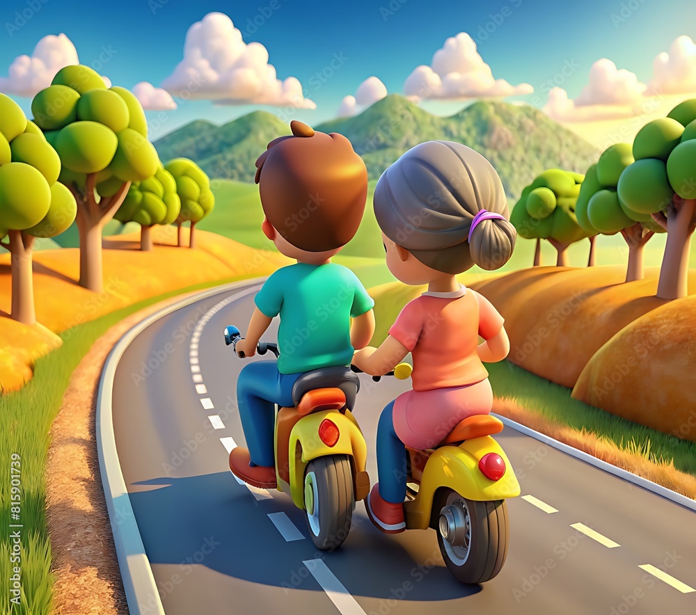 3d cartoon illustration of girl and boy riding motorcycle on village ...