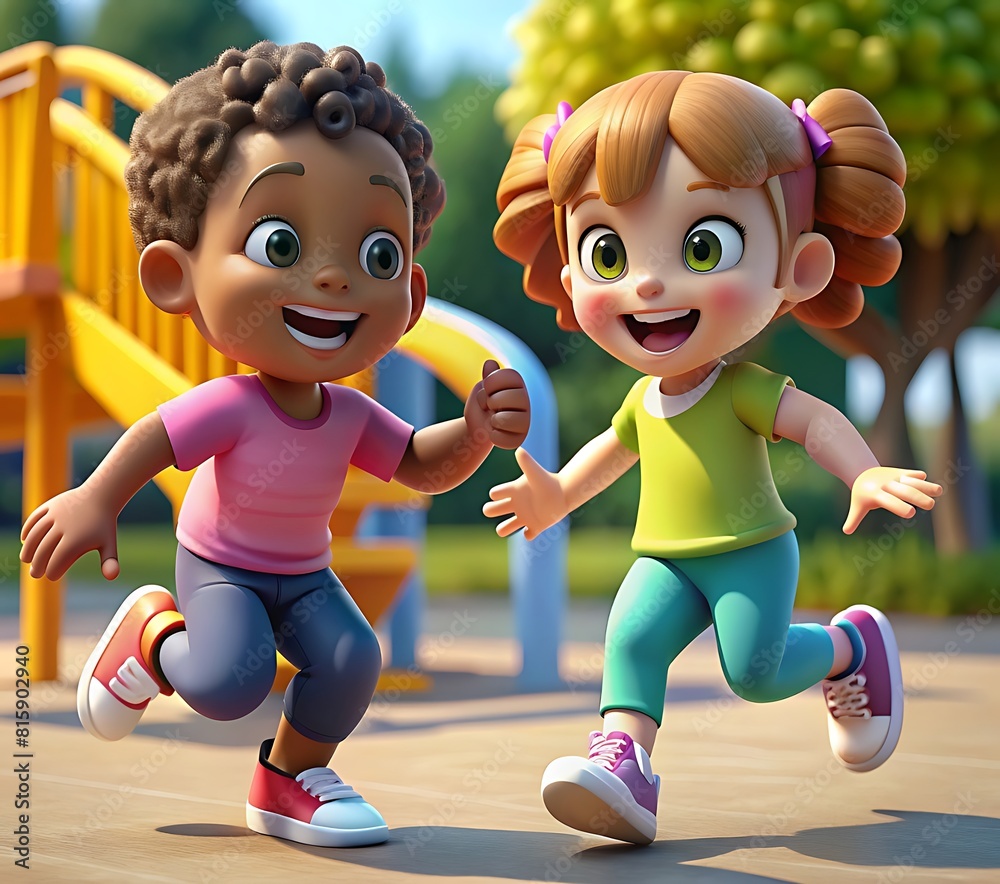 During recess , 3d cartoon illustration of a boy and girl chase each ...