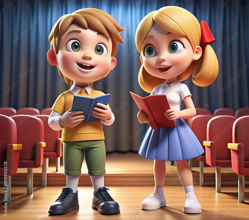 In the auditorium, 3d cartoon illustration of a boy and girl rehearse ...