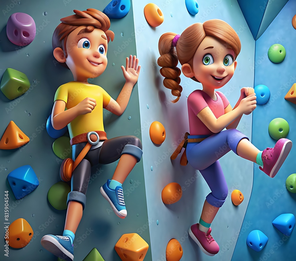 At an indoor climbing gym, 3d cartoon illustration of a girl and boy ...