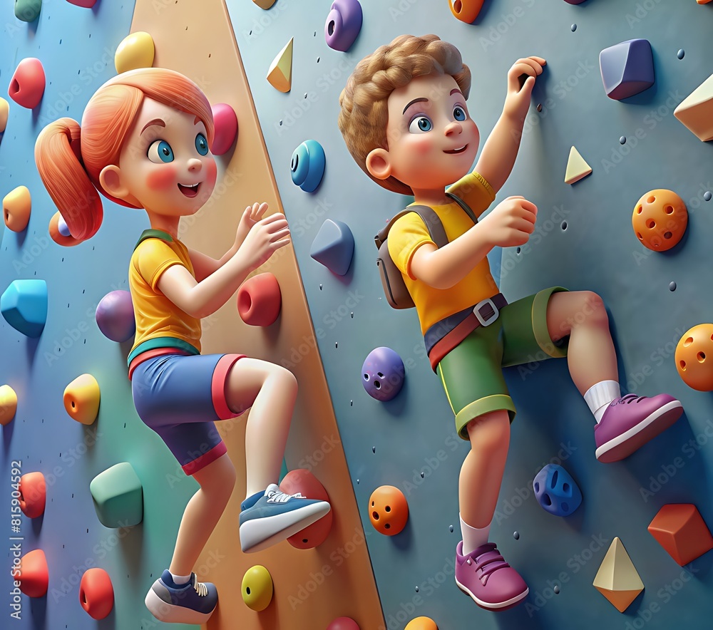 At an indoor climbing gym, 3d cartoon illustration of a girl and boy ...